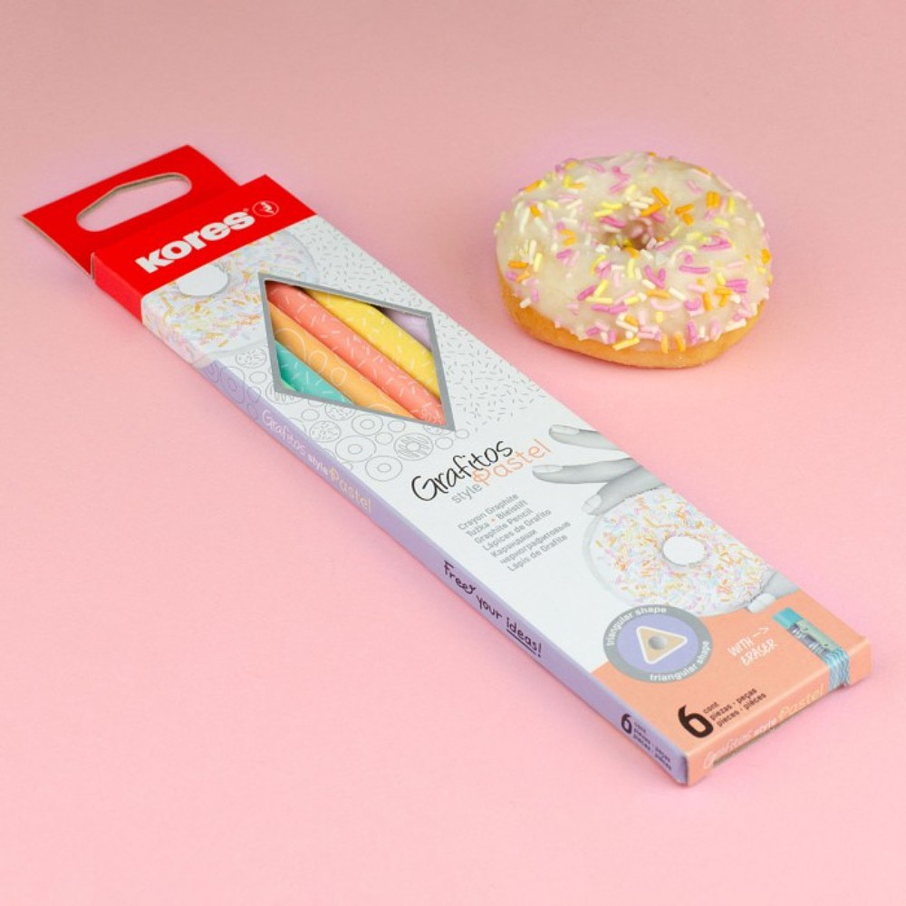 Карандаш простой Kores "Grafitos Style Pastel", HB, с ластиком, ассорти ...